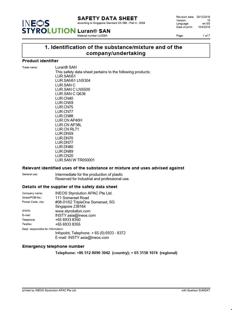 Msds-Luran San | PDF | Toxicity | Combustion