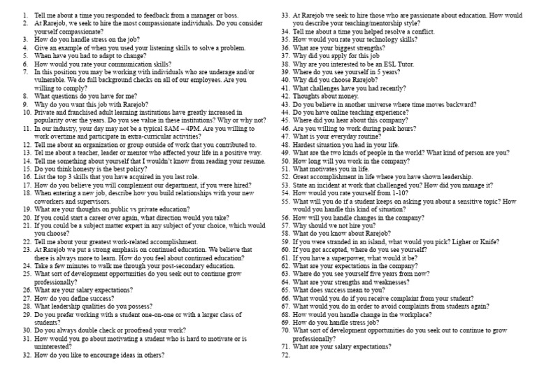 Rarejob Interview Questions | PDF | Leadership | Learning