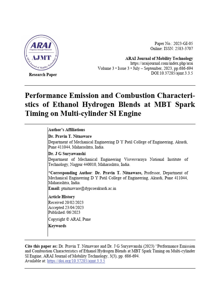 Performance Emission and Combustion Characteristics of Ethanol Hydrogen ...
