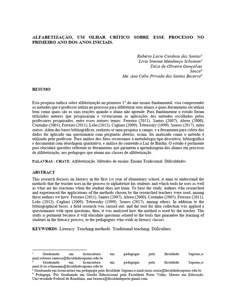 Artigo ALFABETIZAÇÃO, UM OLHAR CRÍTICO SOBRE ESSE PROCESSO NO PRIMEIRO ...