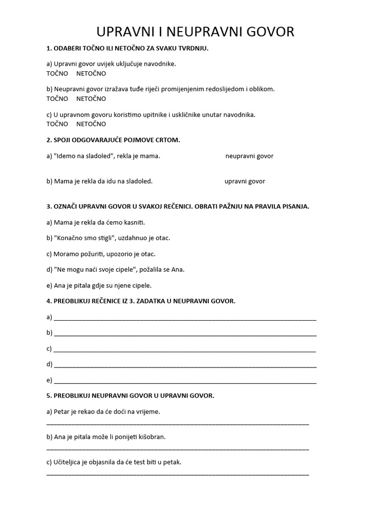 Vježba - Upravni I Neupravni Govor - 4. Razred | PDF