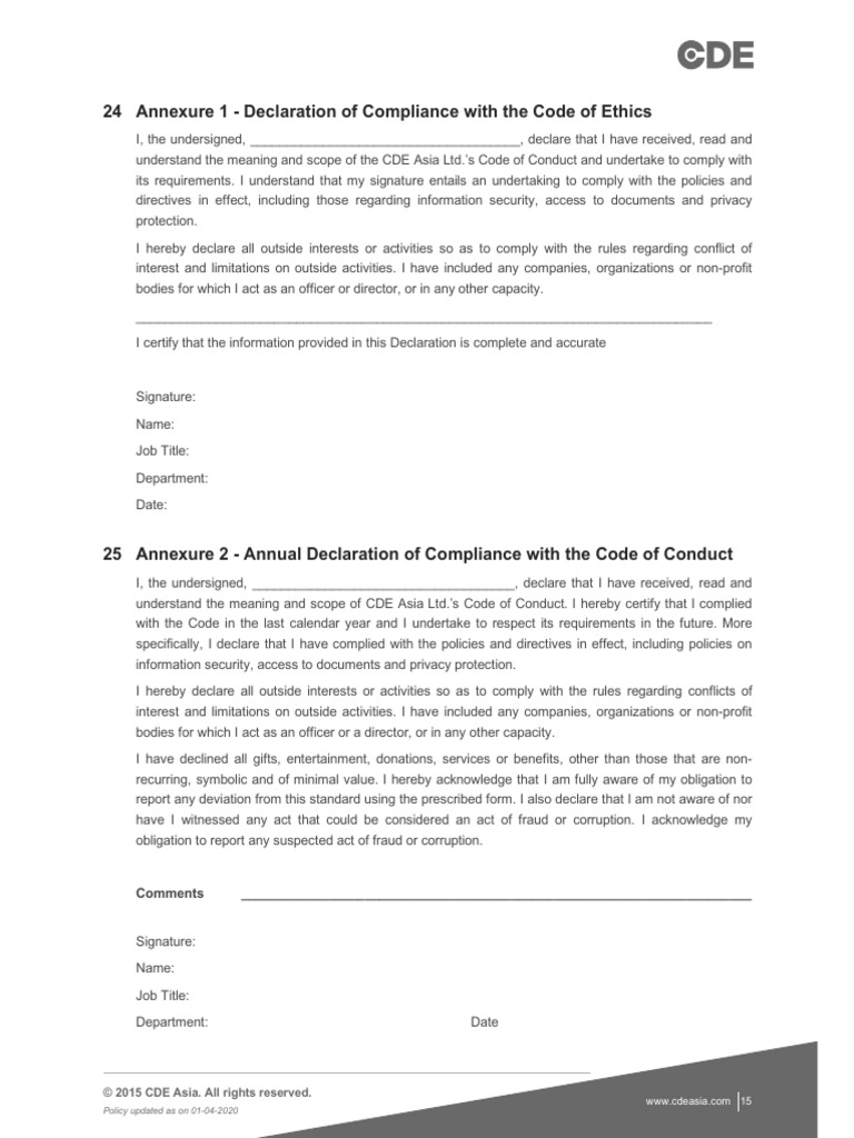 Code of Conduct Policy 2020 - Annexure 1 - Annexure 2 | PDF
