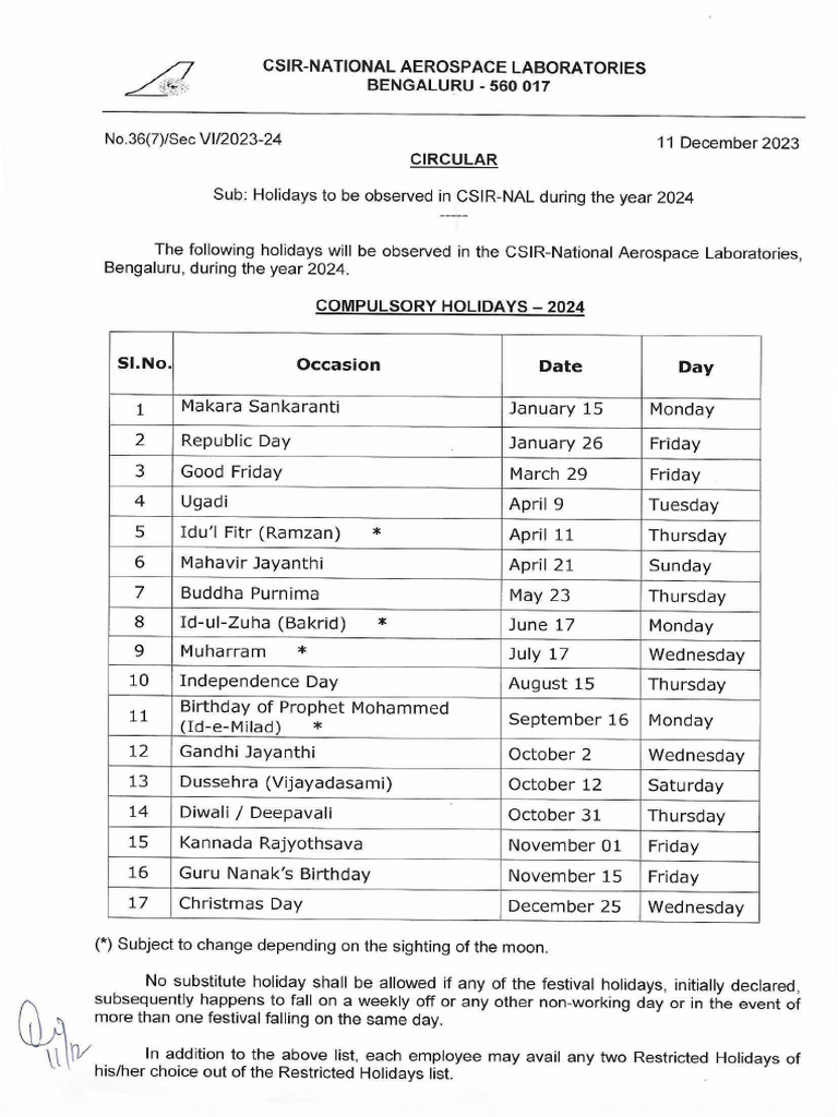 Holiday List - 2024 | PDF