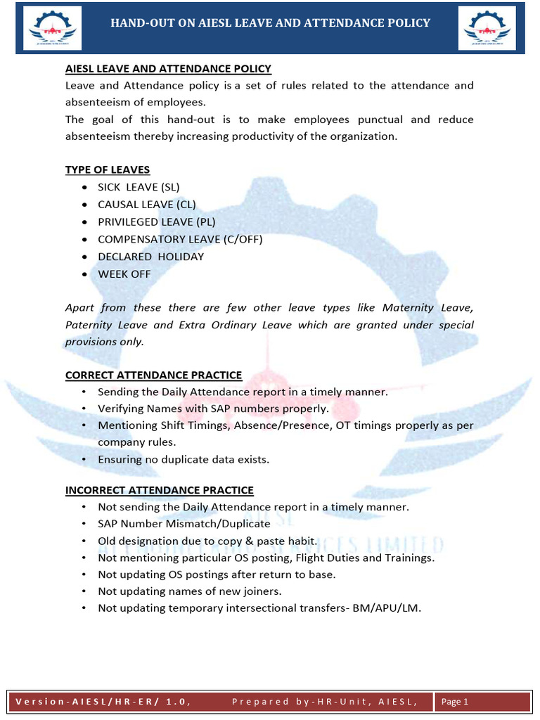 Handout On Leave and Attendance Policies Version 1 - 0 | Download Free PDF | Working Time ...