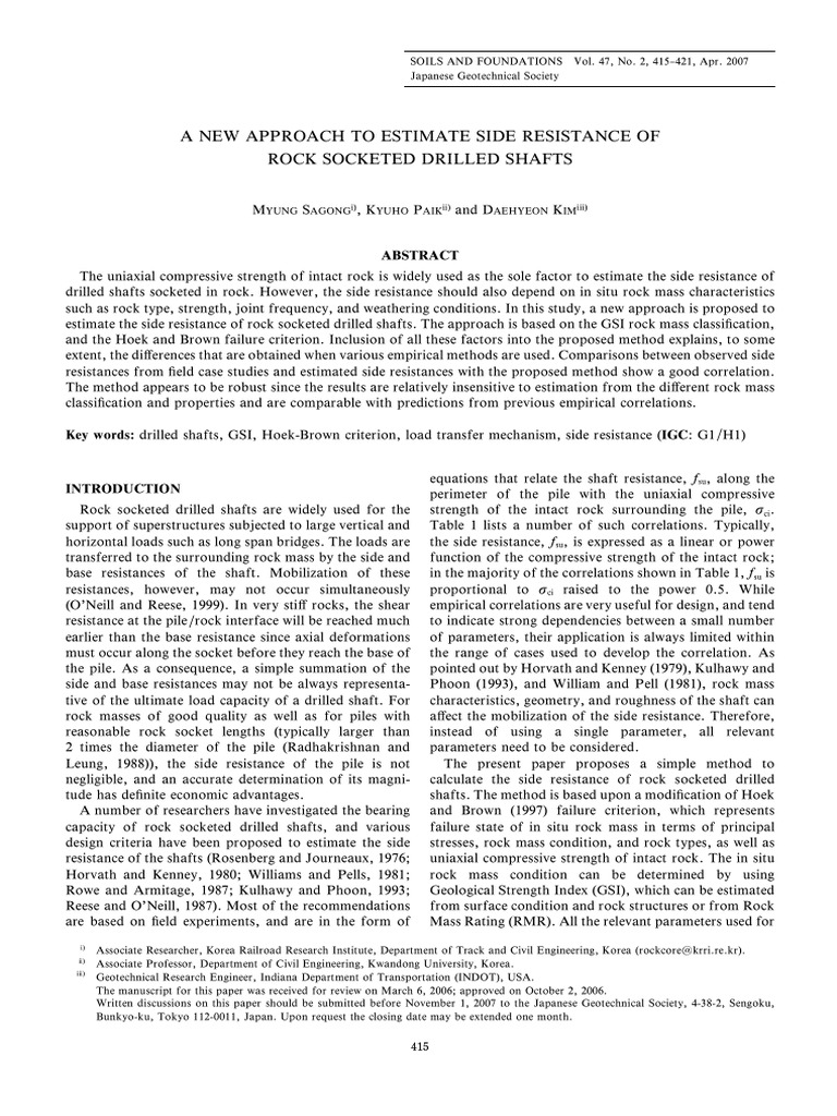 A New Approach To Estimate Side Resistance of Rock Socketed Drilled ...