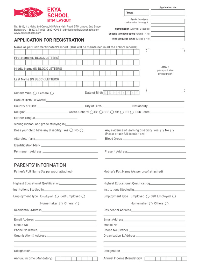 Ekya Admission Form 2022 BTM | PDF
