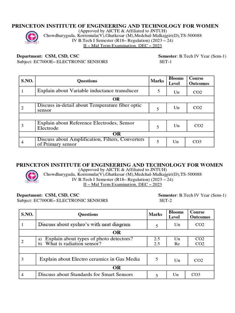 B.Tech Electronic Sensors Exam 2023 | PDF | Electrochemistry ...