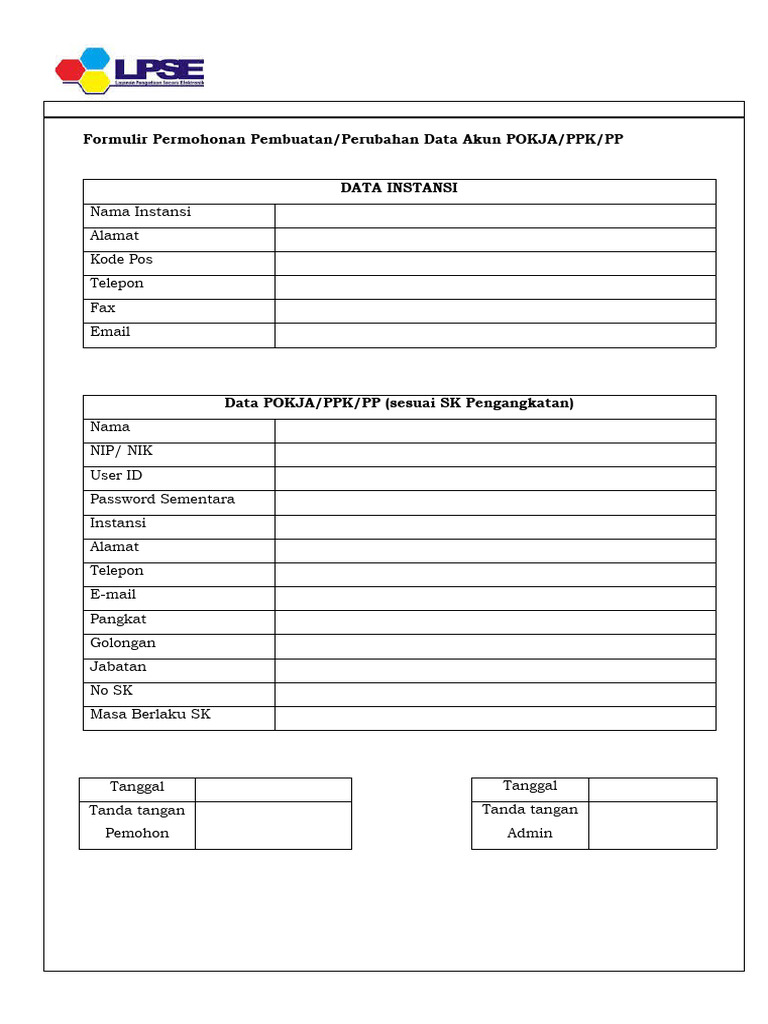 Form Pembuatan User Id SPSE - POKJA, PPK, PP | PDF