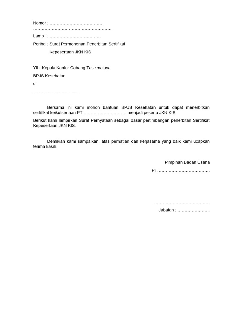 Surat Permohonan Penerbitan Sertifikat Kepesertaan JKN KIS | PDF