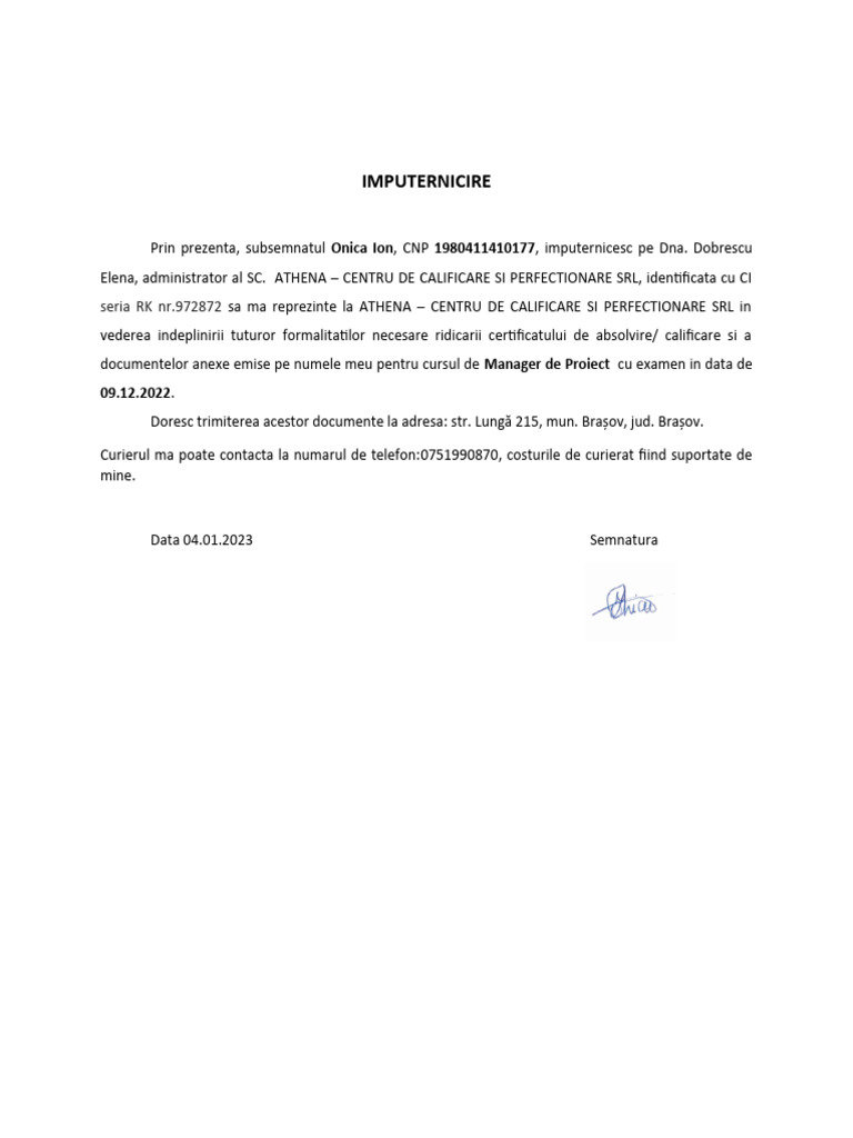 Imputernicire ridicare certificat absolvire | PDF