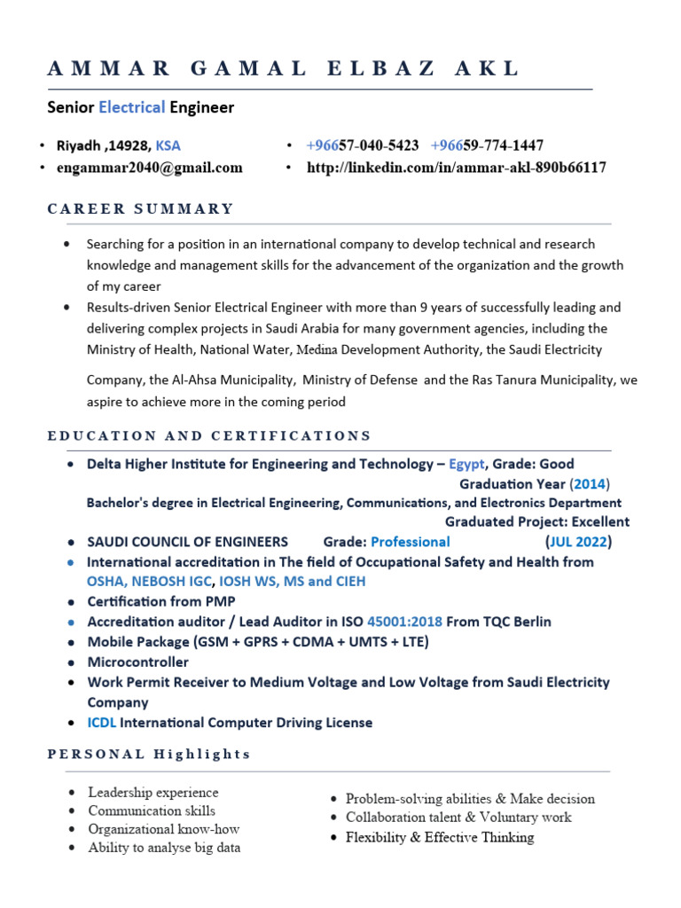 AMMAR AKL Electric Resume | PDF | Saudi Arabia | Electrical Engineering