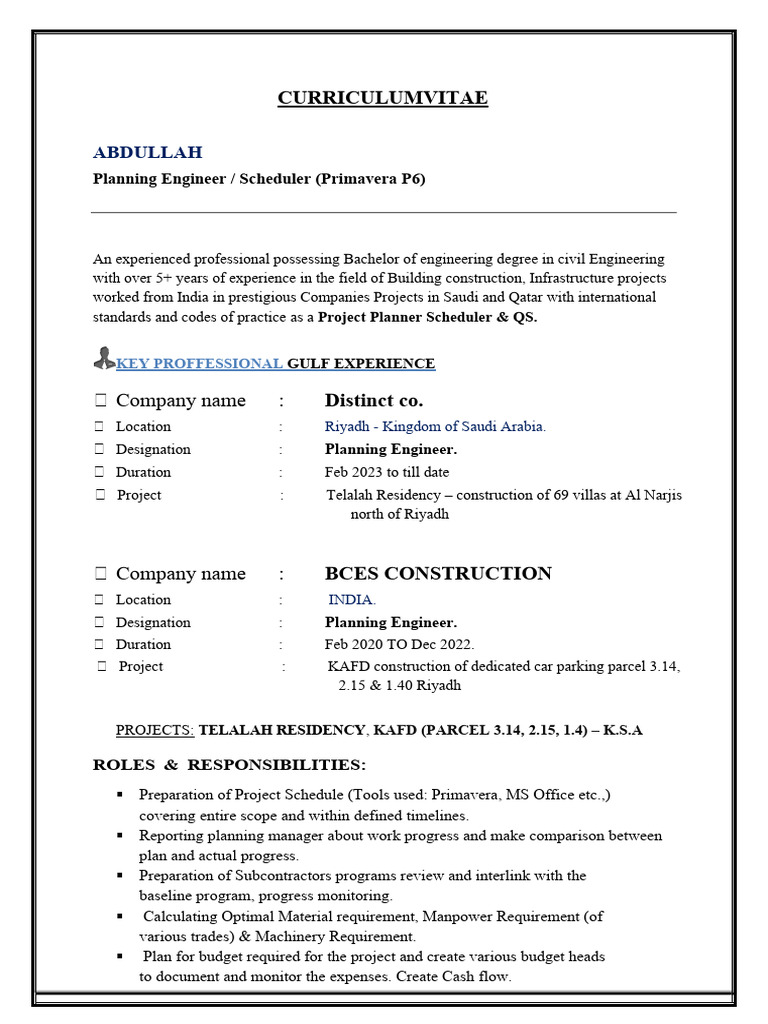 Project Planner CV: Abdullah | PDF | Engineering