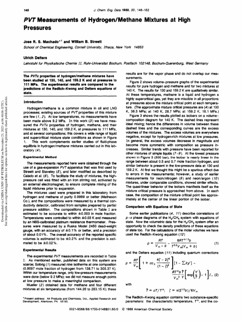 Machado Et Al 2002 PVT Measurements of Hydrogen Methane Mixtures at ...