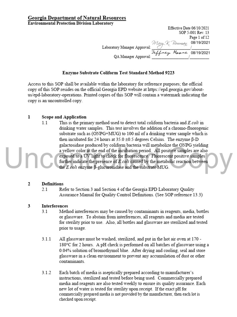 Coliform Testing SOP for Drinking Water | PDF | Sterilization ...