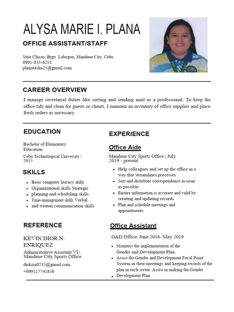 Alysa Marie I. Plana For Office Staff | PDF