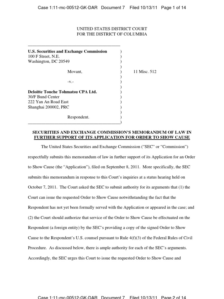 S.E.C. Memorandum On Court Order Against Deloitte | PDF | Service Of ...