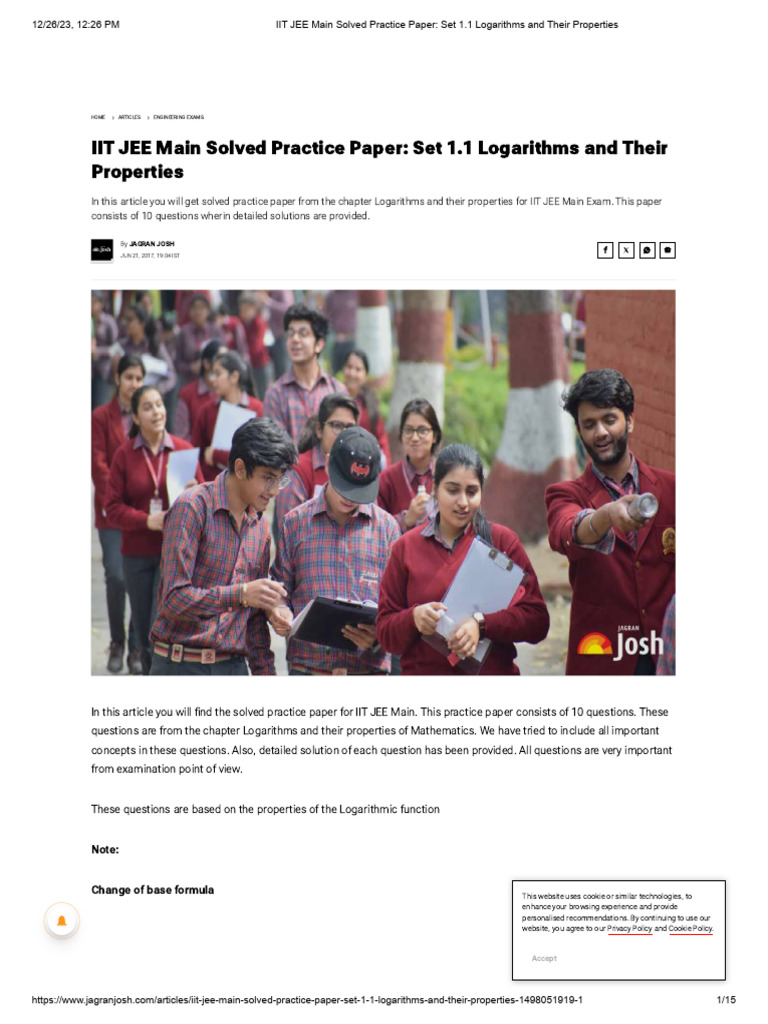 IIT JEE Main Solved Practice Paper - Set 1.1 Logarithms and Their ...