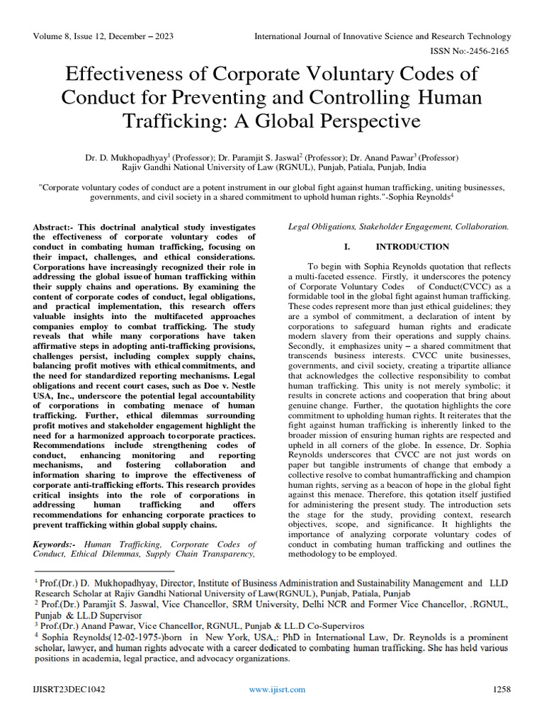Effectiveness of Corporate Voluntary Codes of Conduct For Preventing and Controlling Human ...