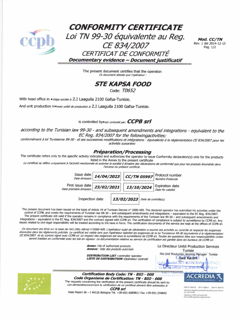 Certificat de Conformité T0652 001-2-Kapsa | PDF