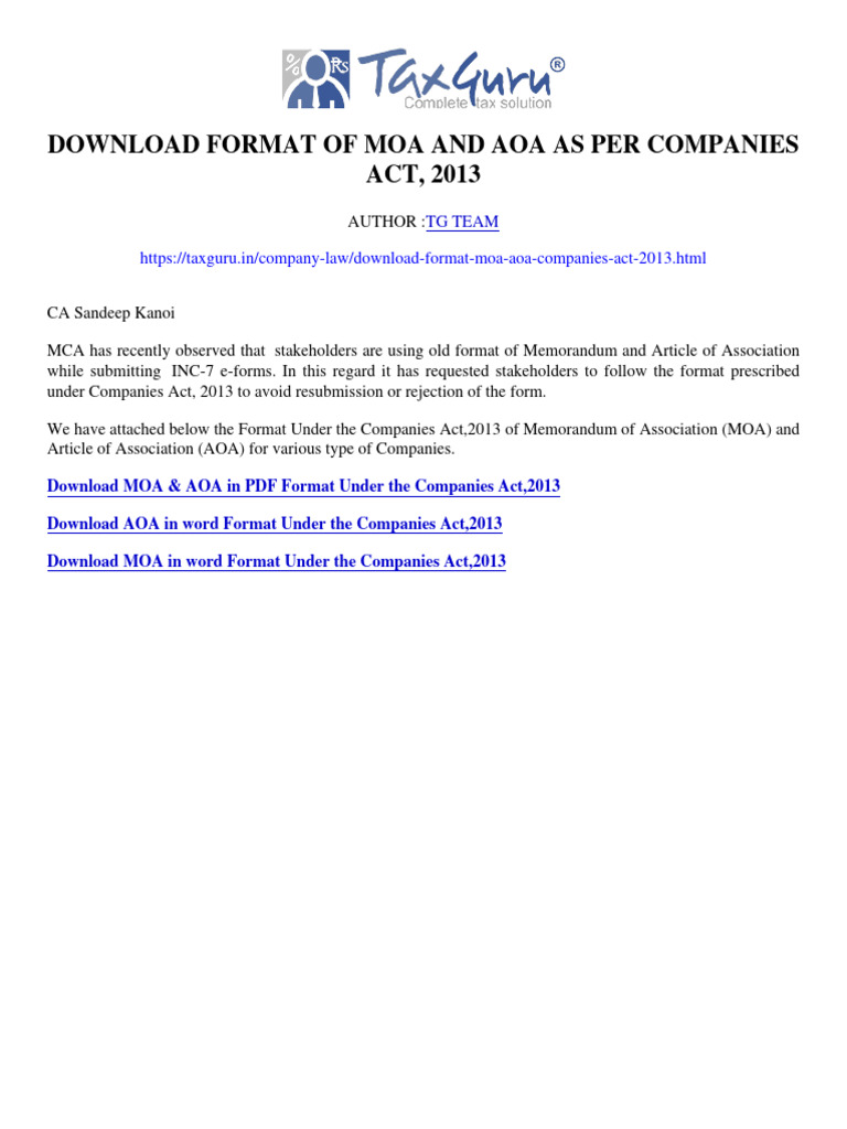 Format of MOA and AOA As Per Companies Act, 2013 - Taxguru - in | PDF