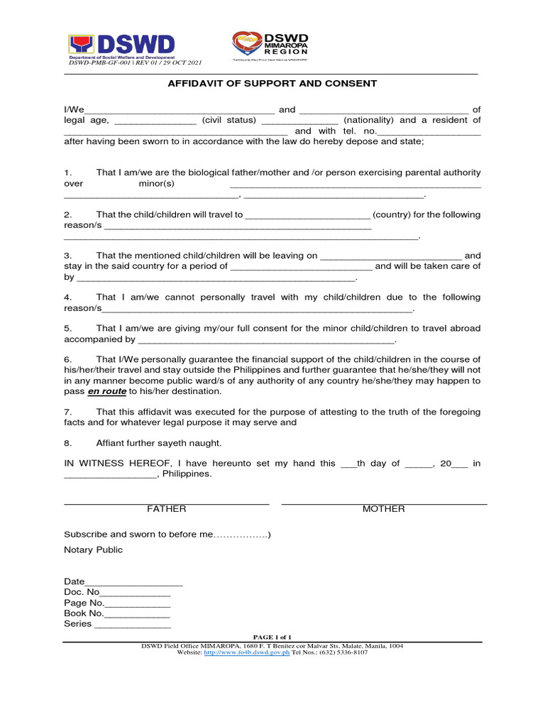 DSWD PMB GF 001 Affidavit of Support and Consent | PDF | Politics