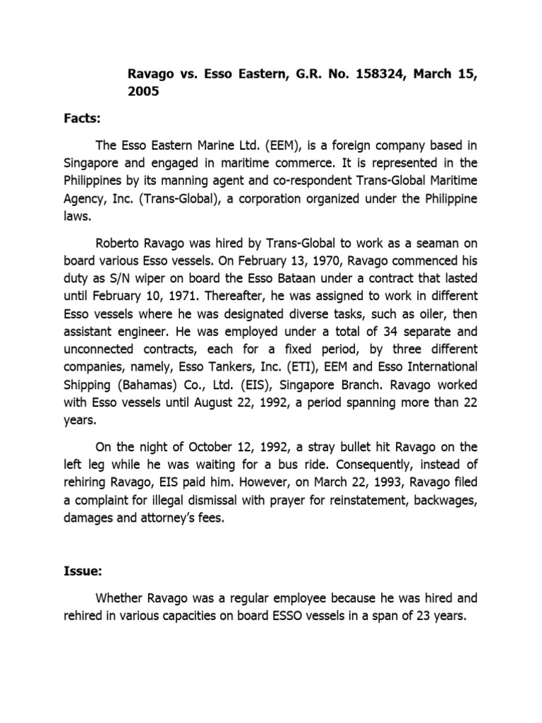 Ravago Vs ESSO EASTERN CASE DIGEST | PDF | Employment | Labour Law