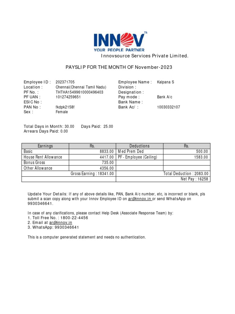 Innovsource Services Private Limited. Payslip For The Month of November ...