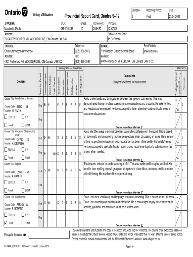 YRDSB Electronic Student Report Card - Secondary Semester 2 Midterm April 2021 089176895 | PDF ...