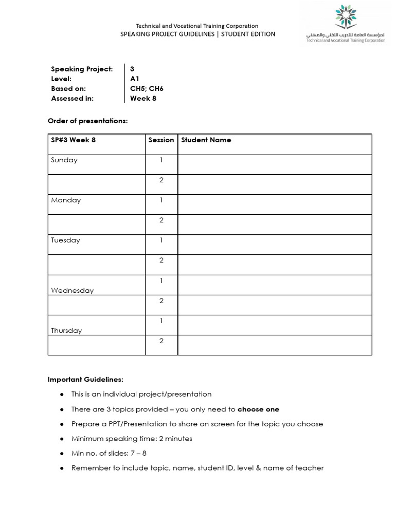 Speaking Project: 3 Level: A1 Based On: Assessed In: CH5 CH6 Week 8 Order of Presentations: SP#3 ...