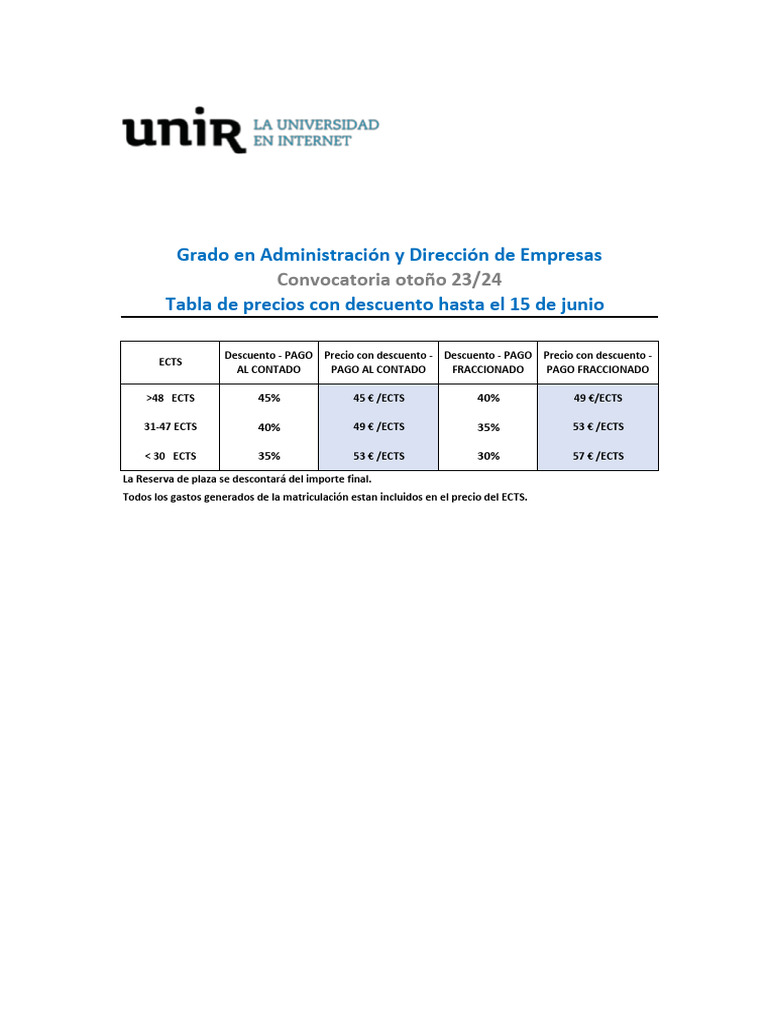 Precios ECTS y Descuentos UNIR | PDF