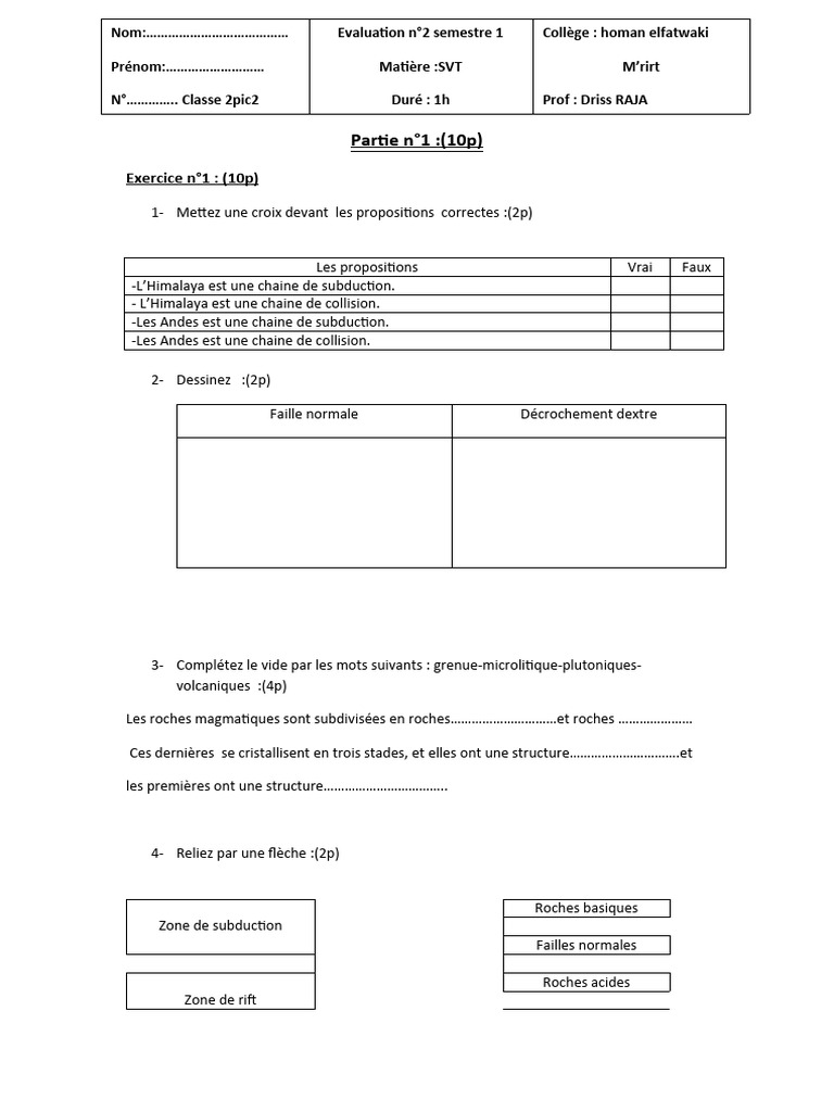 Devoir N2 Semestre 1 SVT 2AC Modele Word 8 2 | PDF