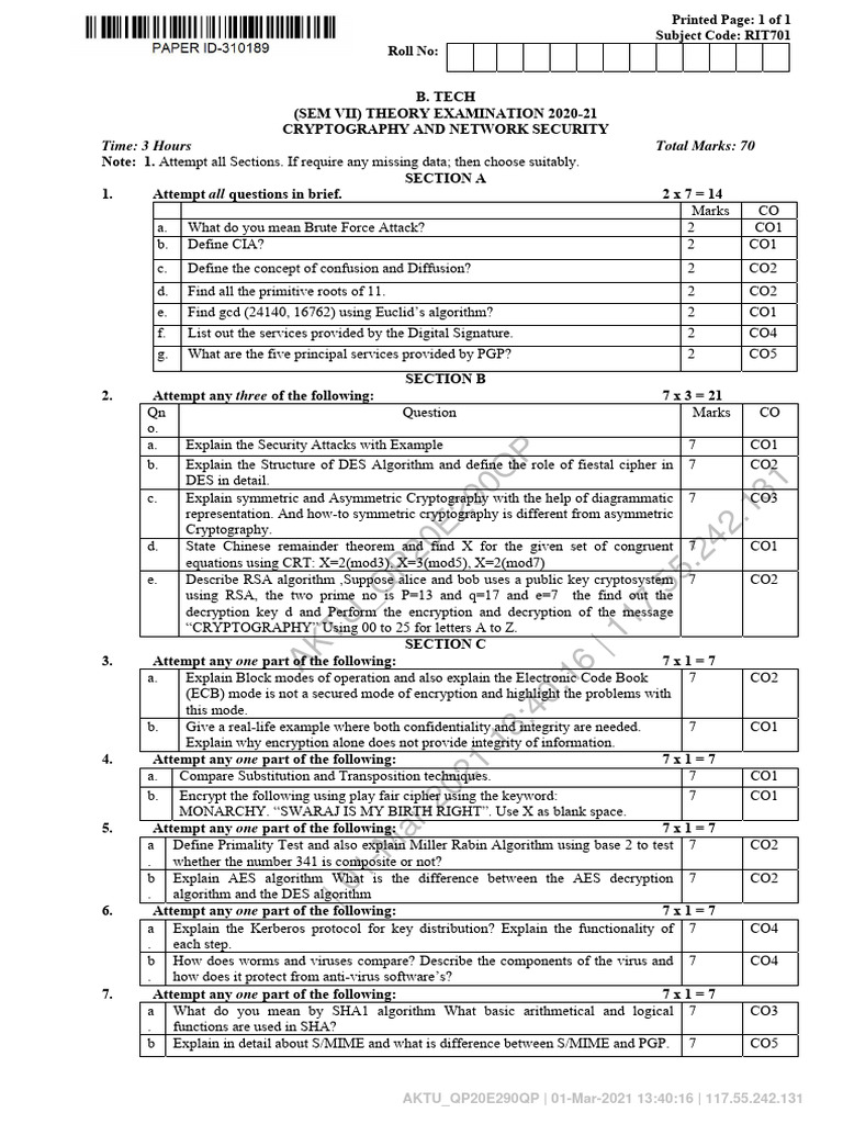 Cryptography and Network Security Rit 701 1 | PDF | Teaching Methods ...