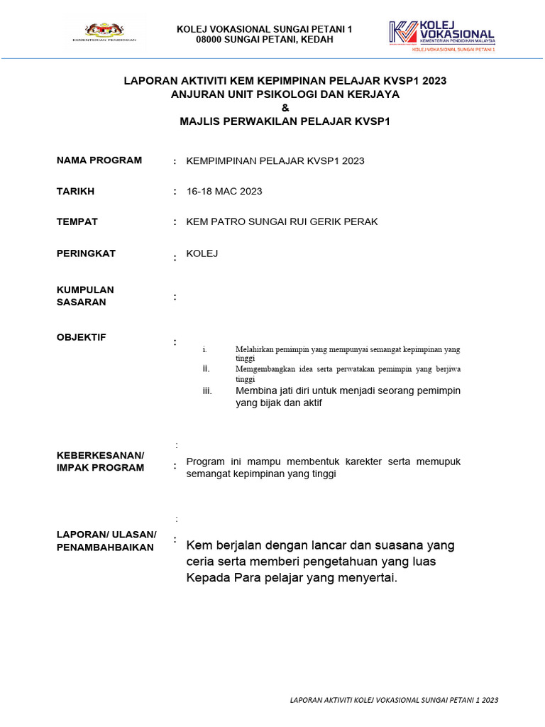 Template Laporan Dokumentasi Kvsp1 2023 | PDF