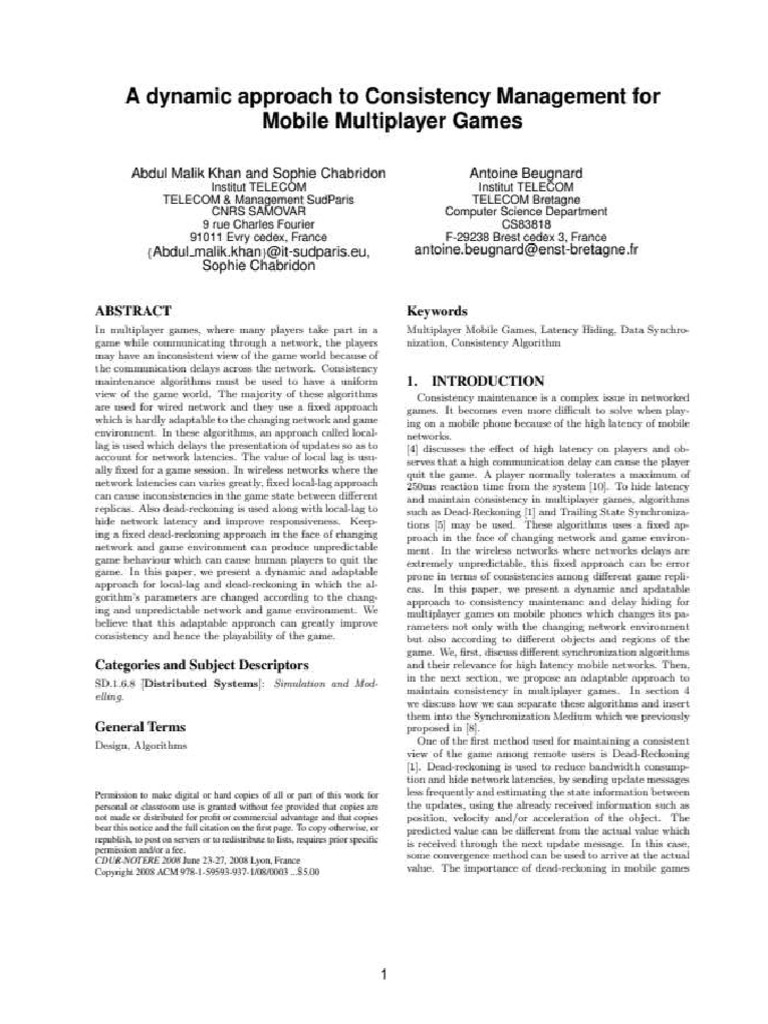 1 - A Dynamic Approach To Consistency Management in Multiplayer Games | PDF