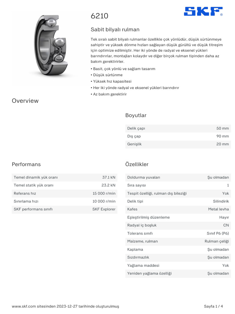 SKF 6210 Specification | PDF