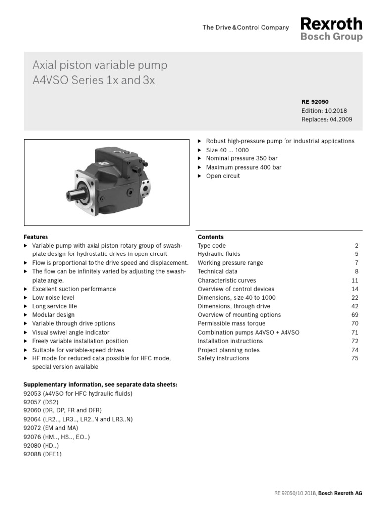 A4VSO Axial Piston Pump Overview | PDF | Pump | Dynamics (Mechanics)