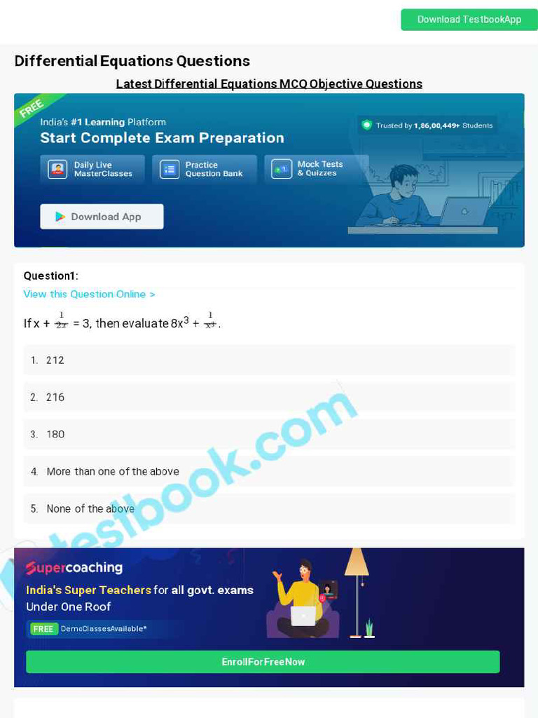 MCQ On Differential Equations 5eea6a1439140f30f369f10e | PDF
