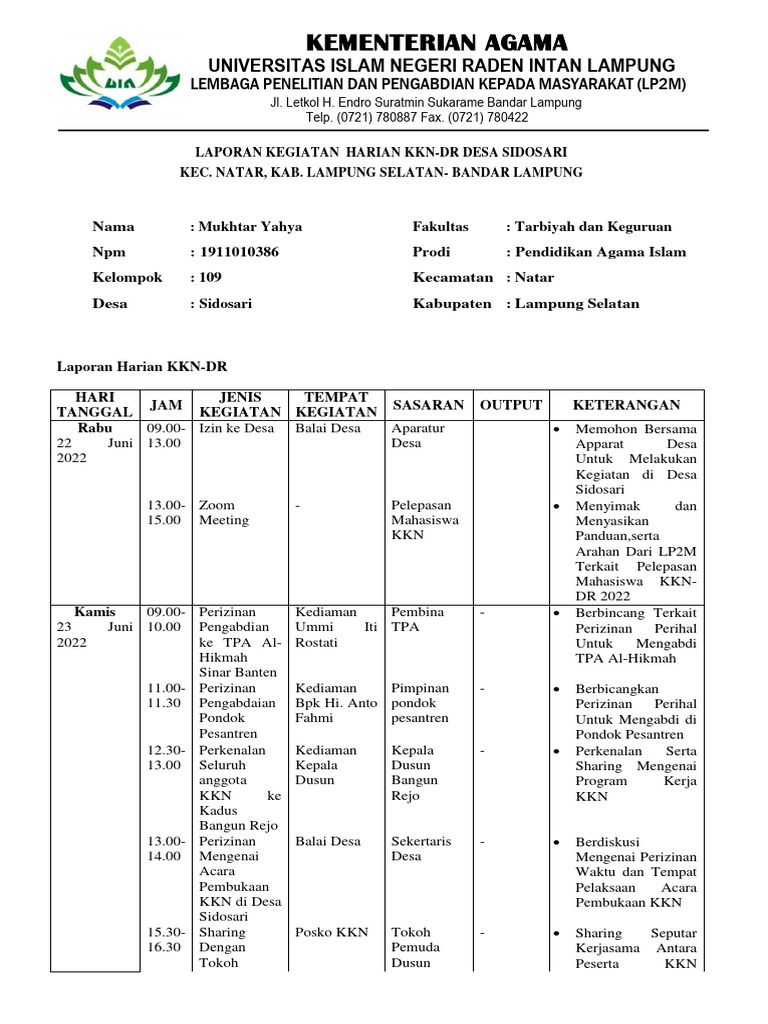 Laporan Harian KKN-DR 2022 - Mukhtar Yahya - 1911010386 | PDF