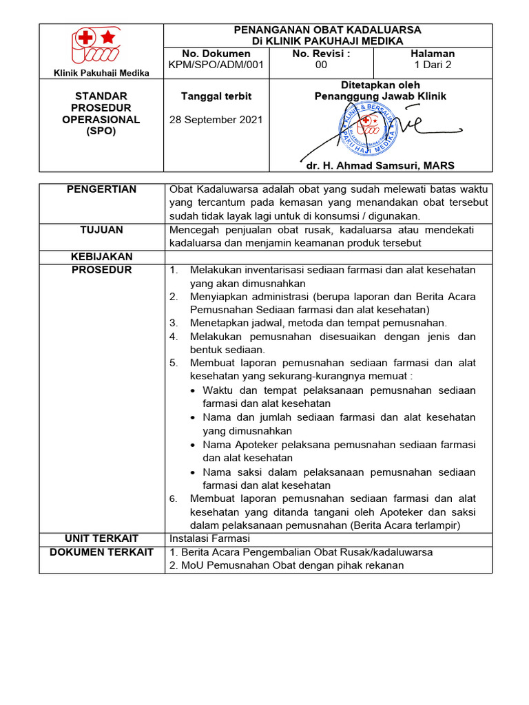 Spo Penanganan Obat Kadaluarsa Klinik Pakuhaji Medika | PDF ...