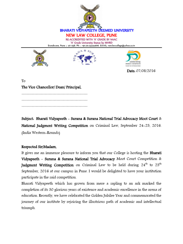 Invitation Letter To Law Schools For Participation Surana Trial ...