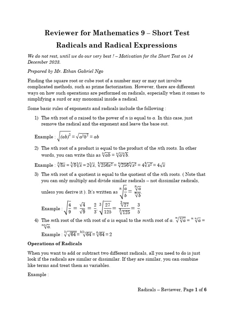 Radicals - Competition Questions | PDF | Square Root | Elementary ...