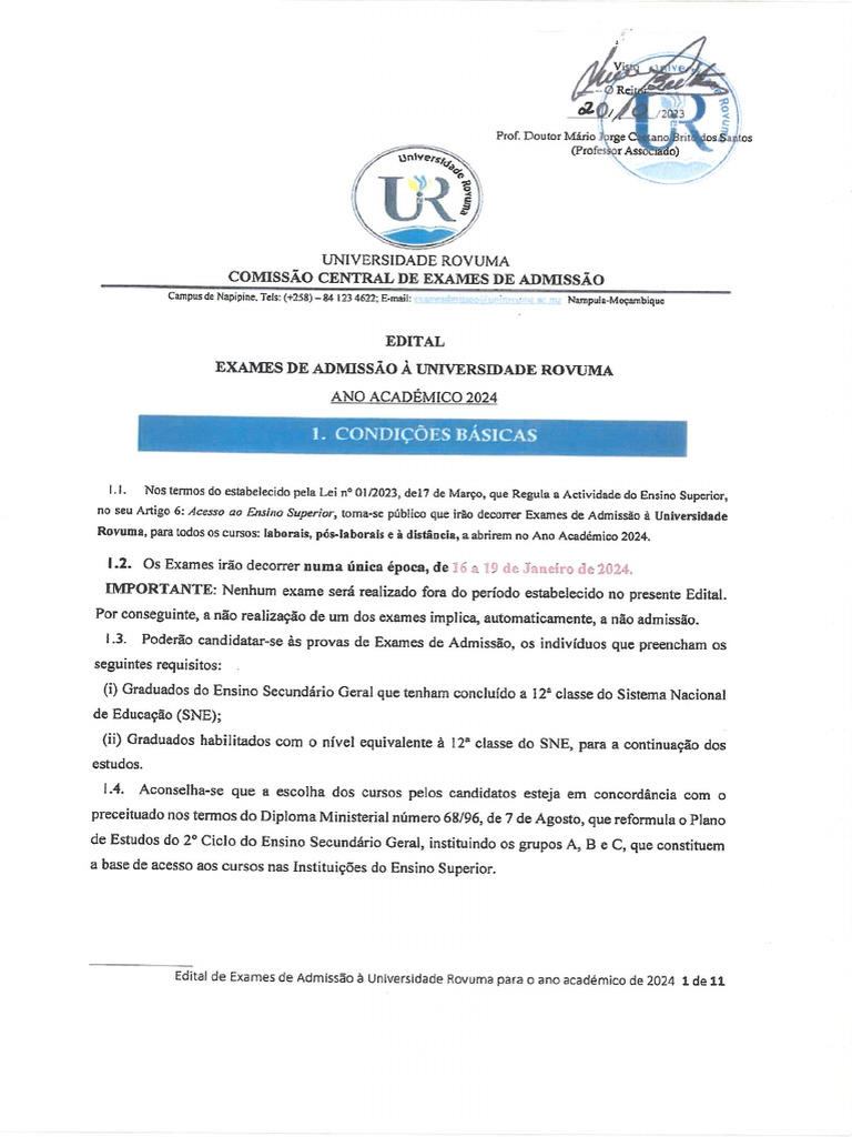 Edital de Exames de Admisso Unirovuma 2024 | PDF