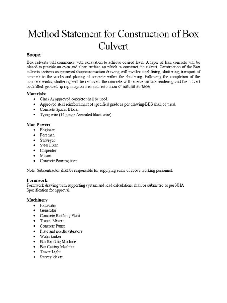 Method Statement For Construction of Box Culvert - Anil Kumar | PDF ...