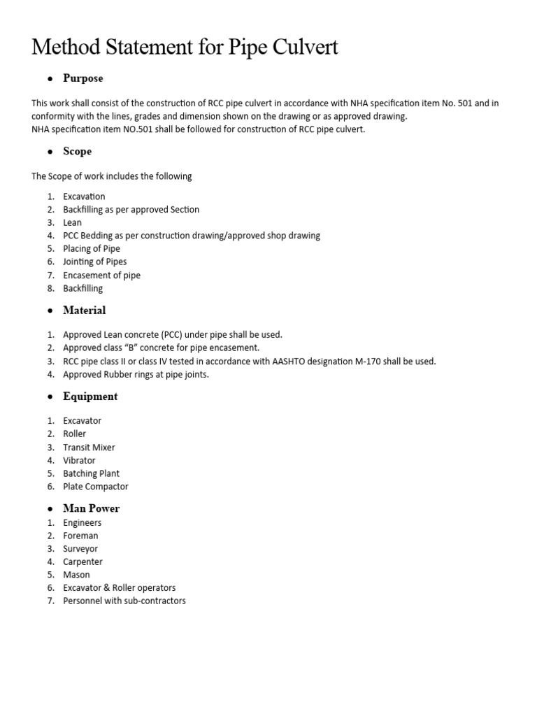 Method Statement For Pipe Culvert Anil Sahab | PDF | Concrete | Civil ...