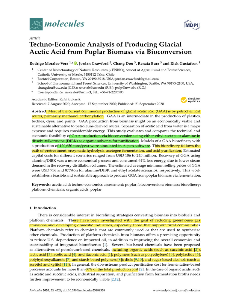 Techno-Economic Analysis of Producing Glacial | PDF | Biorefinery | Acetic Acid