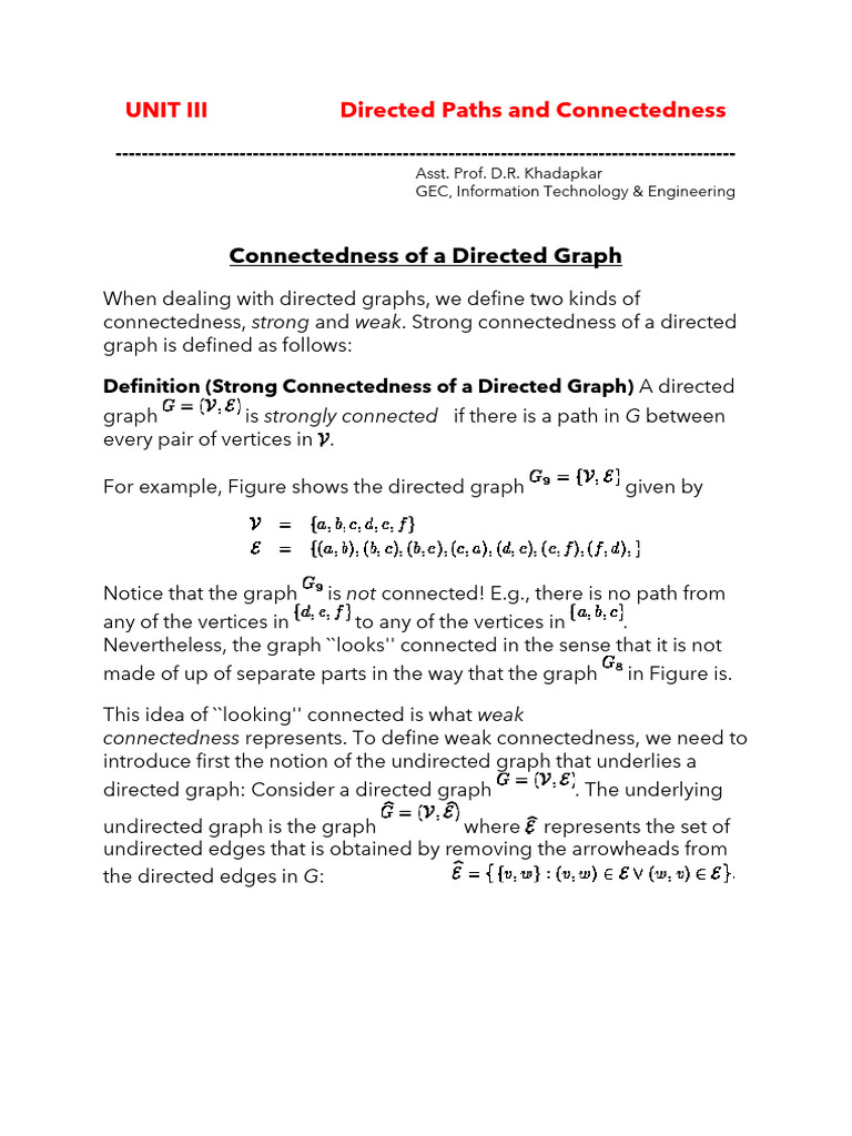 UNIT III Directed Paths and Connectedness | PDF | Vertex (Graph Theory) | Applied Mathematics