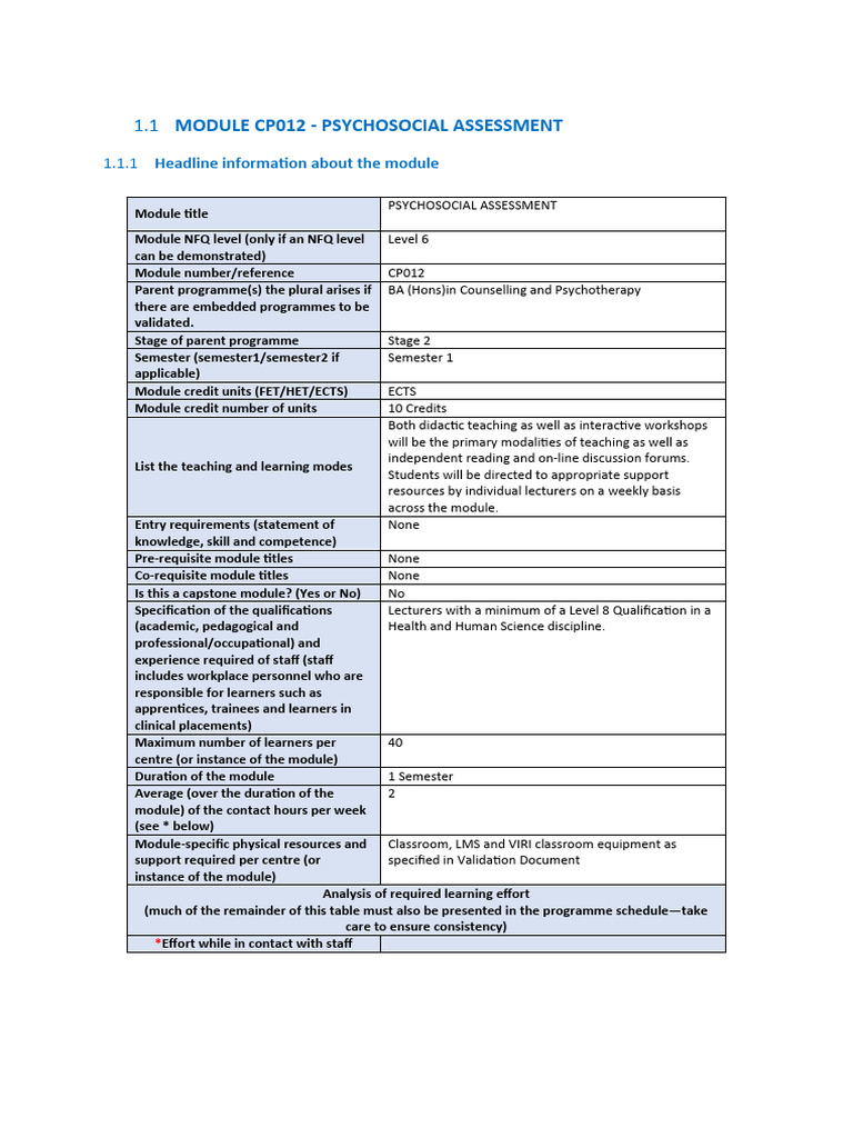 Module Descriptor - Psychosocial Assessment | PDF Module Descriptor - Psychosocial Assessment | PDF