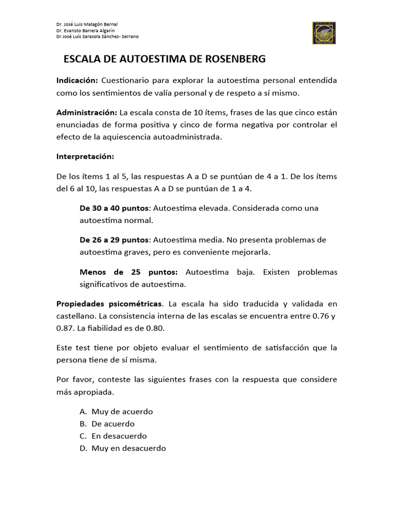 Escala de Autoestima de Rosenberg | PDF