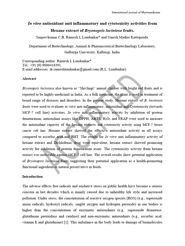 Accepted in Vitro Antioxidant Anti Inflammatory and Cytotoxicity Activities From Hexane Extract ...
