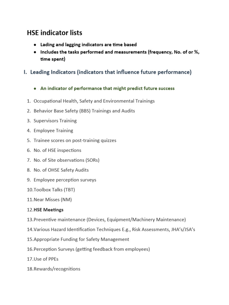 List of HSE Indicators | PDF